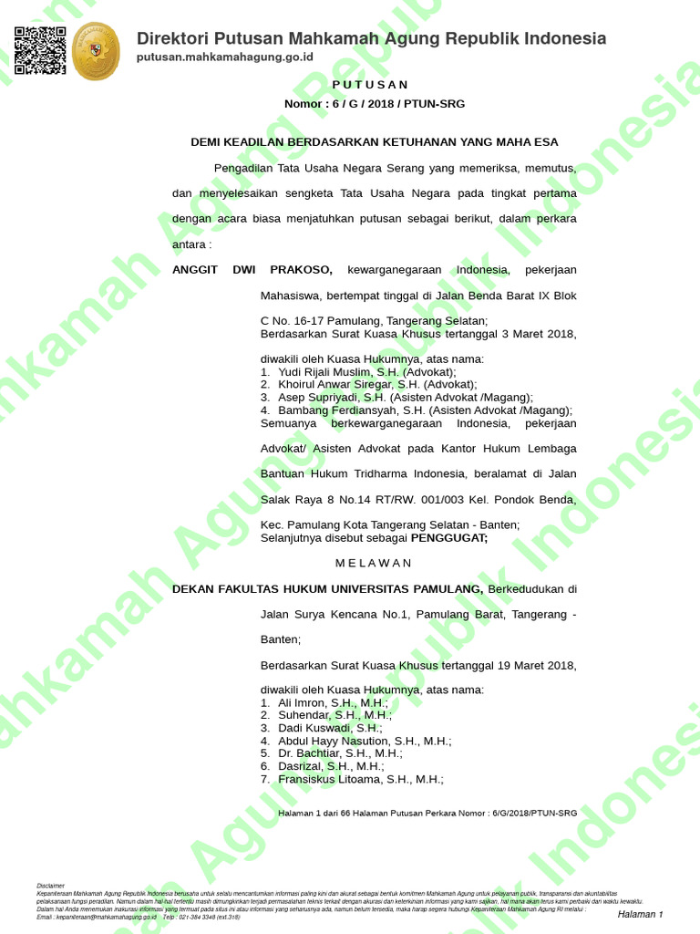 Putusan 6 G 2018 Ptun - SRG 20240218161444 | PDF