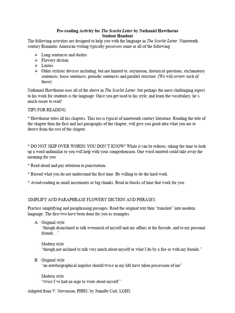Pre-Reading Guide for The Scarlet Letter | PDF | Linguistics | Grammar