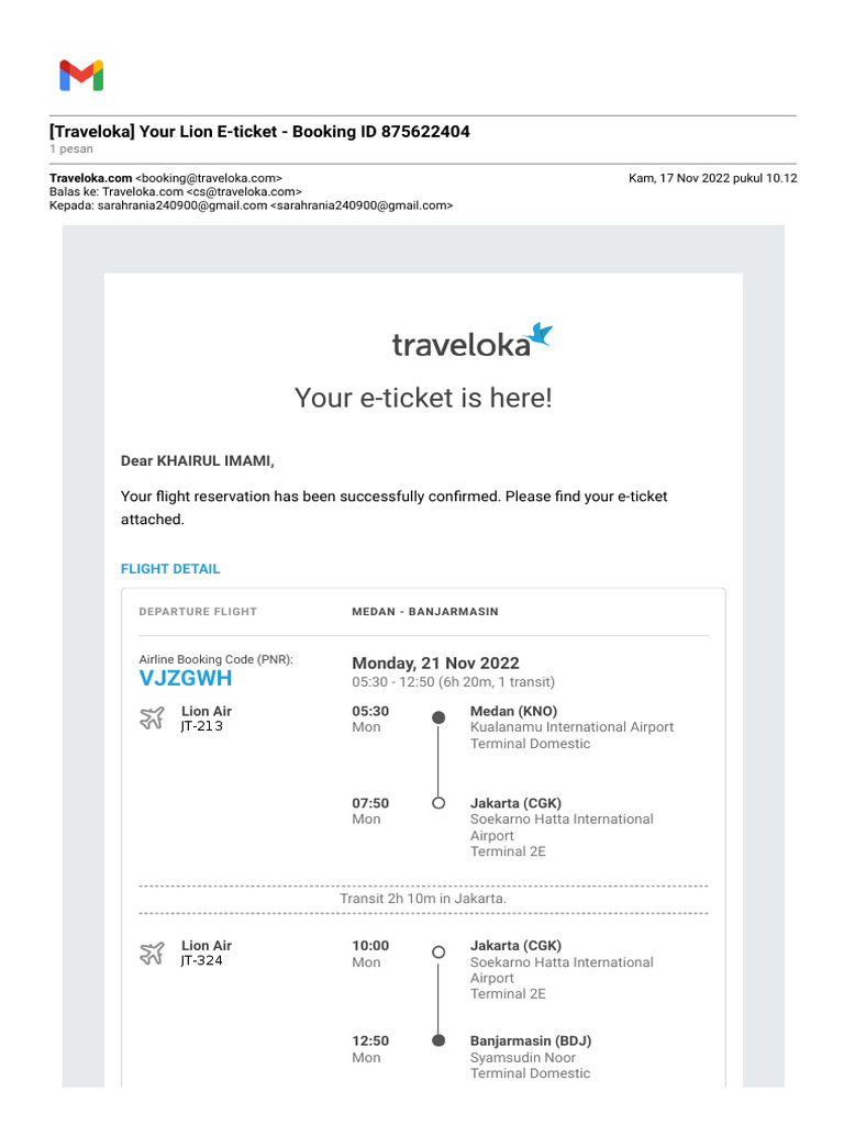 Gmail - (Traveloka) Your Lion E-Ticket - Booking ID 875622404 | PDF | Transport