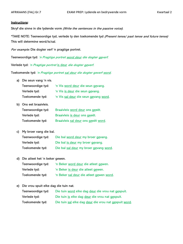 Grade 7 Afrikaans 15 May Lydende en Bedrywende Vorm MEMO | PDF