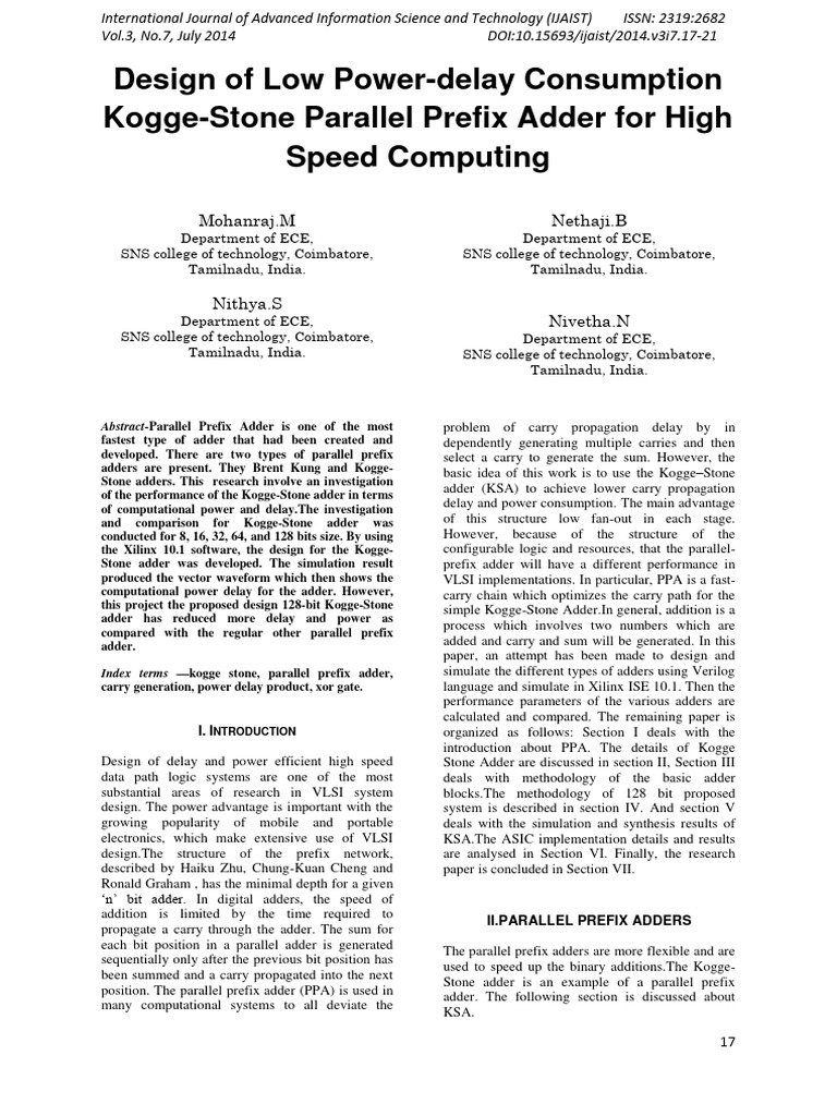 Design of Low Power-Delay Consumption Kogge-Stone Parallel Prefix Adder For High Speed Computing ...