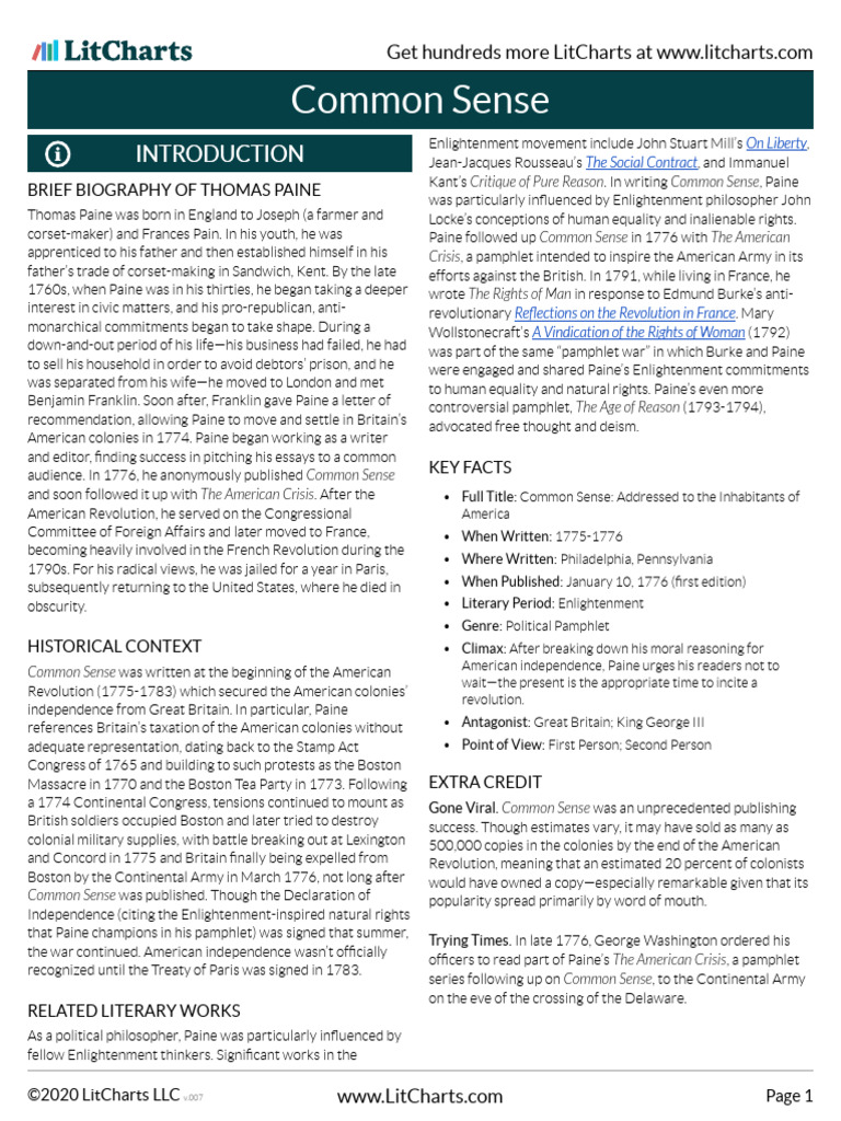 Common Sense LitChart | PDF | Thomas Paine | Common Sense