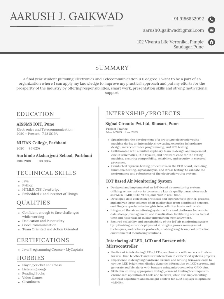 Aarush Gaikwad Resume | Download Free PDF | Liquid Crystal Display | Internet Of Things