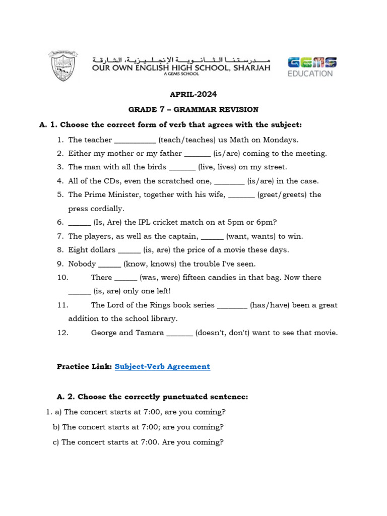 Gr.7 Grammar Revision Worksheet | PDF | Linguistic Typology ...