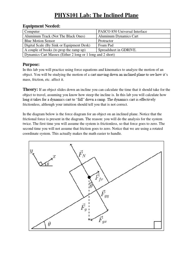 PHYS101 Inclined Plane Lab Guide | PDF | Force | Friction