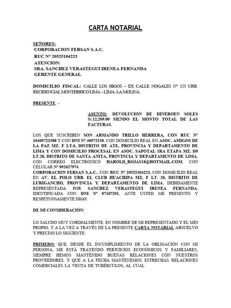 Carta - Notarial - Devolucion de Dinero | PDF