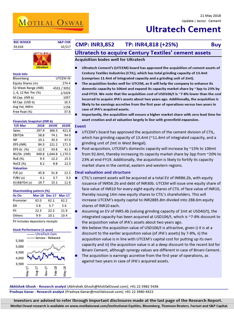Ultratech Cement: CMP: INR3,852 Ultratech To Acquire Century Textiles ...