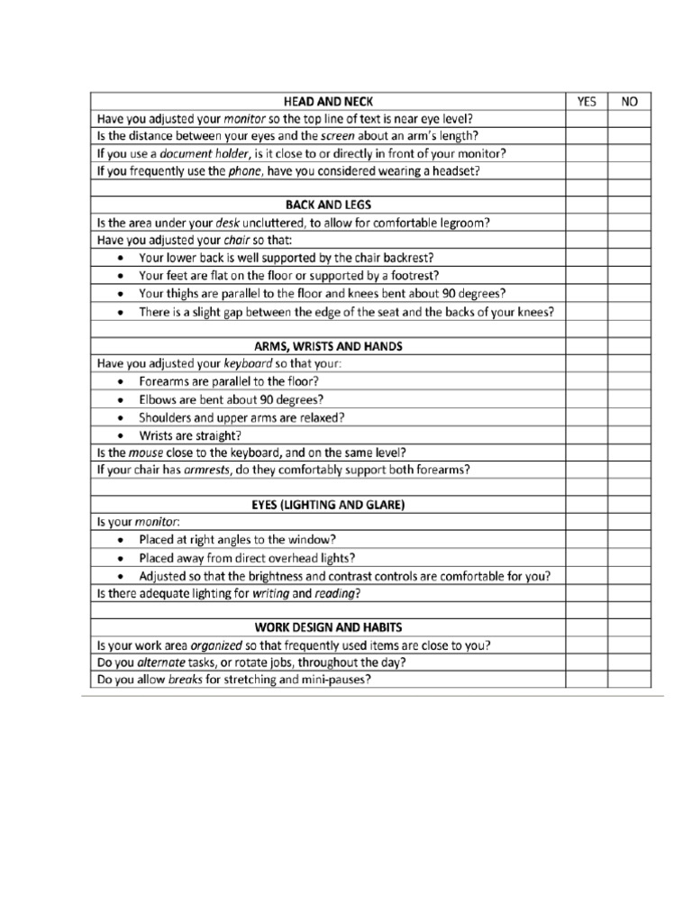 Sample Office Ergonomics Inspection Checklist | PDF