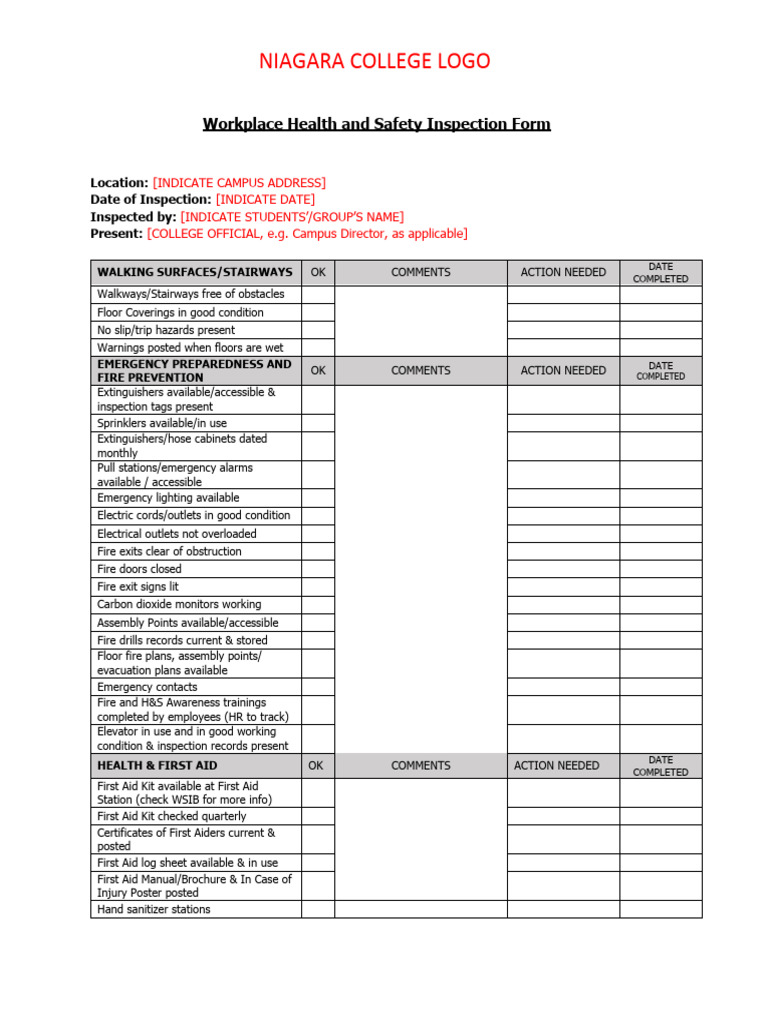 Workplace Health & Safety Inspection Form | PDF | First Aid | Lighting