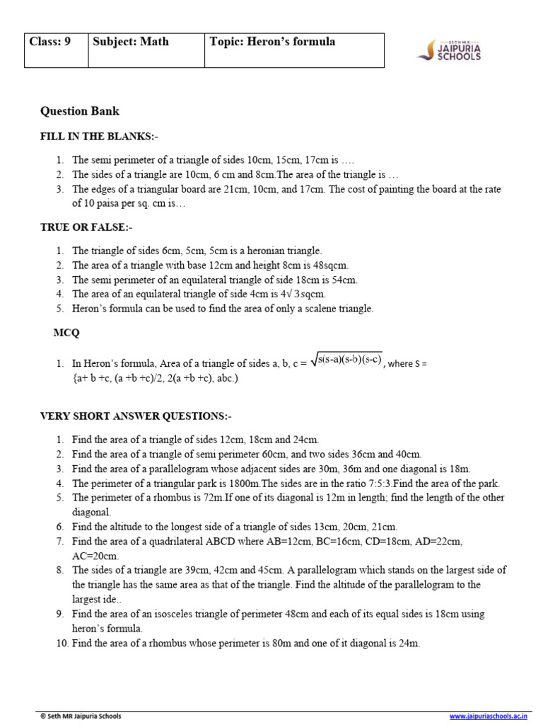 G9 - Math - Heron - S Formula - QS | PDF | Area | Geometry