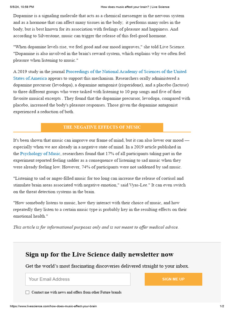 How Does Music Affect Your Brain - Live Science 3 | PDF | Dopamine | Brain