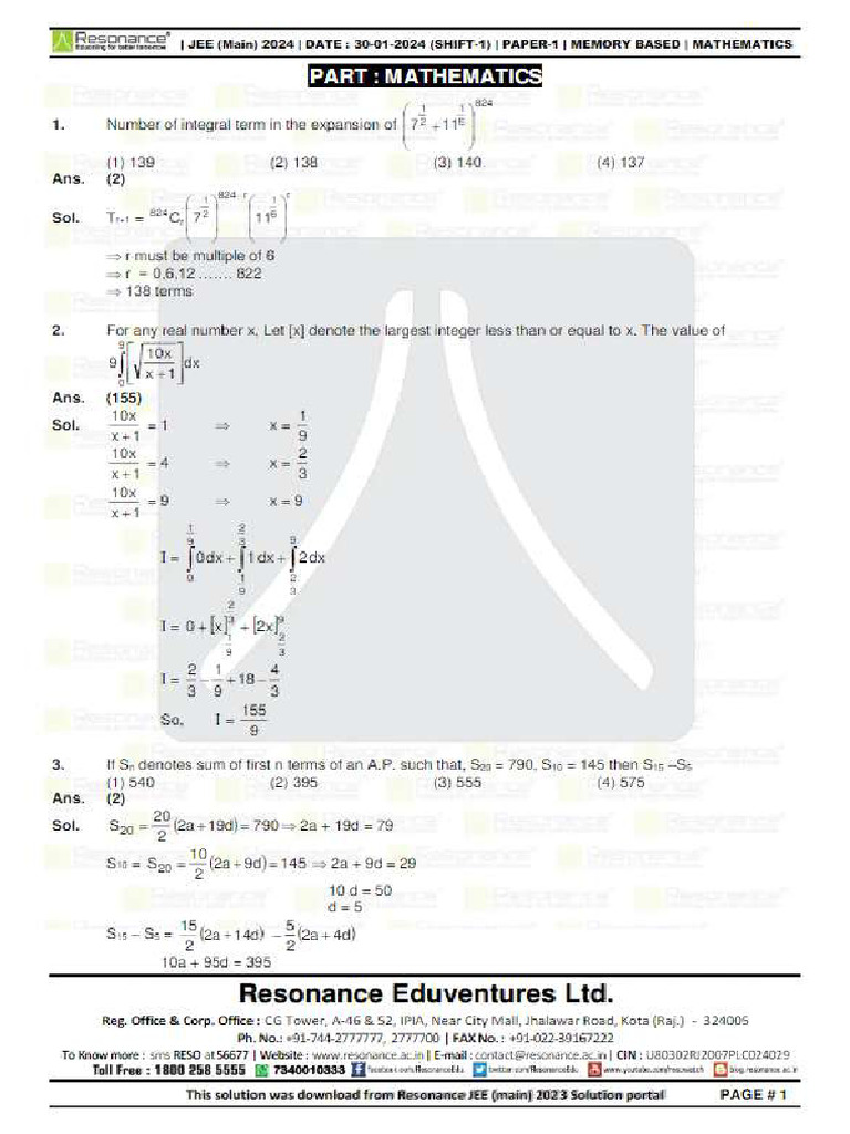 Jee Main 30 Jan 2024 Shift 1 Mathematics Resonance 6x1sdos Pdf