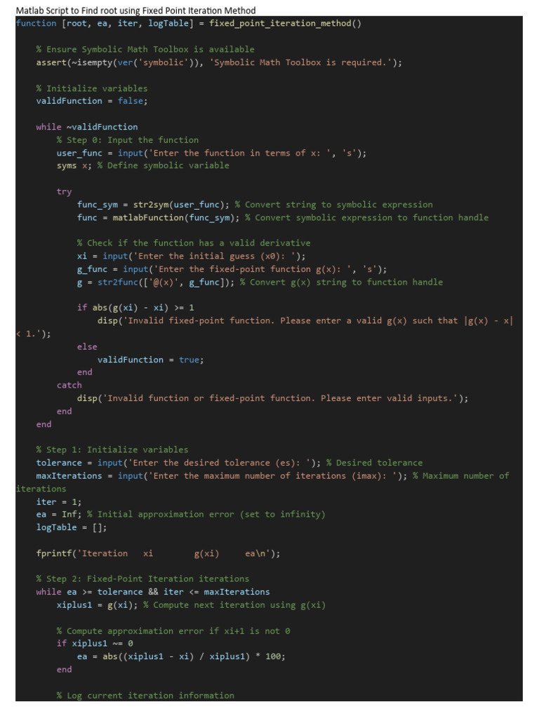 Matlab Script To Find Root Using Fixed Point Iteration Method | PDF | Matlab | Theoretical ...