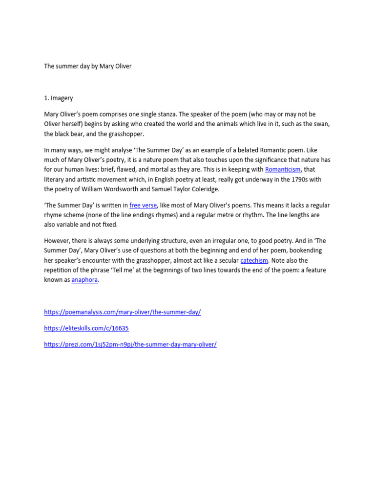 Analysis of Mary Oliver's "The Summer Day" | PDF | Poetry