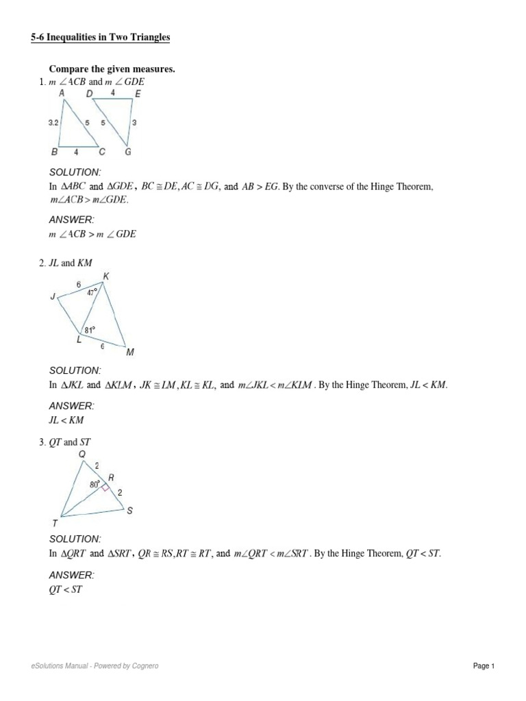 5-6 Inequalities in Two Triangles Solutions | PDF | Triangle | Mathematical Proof