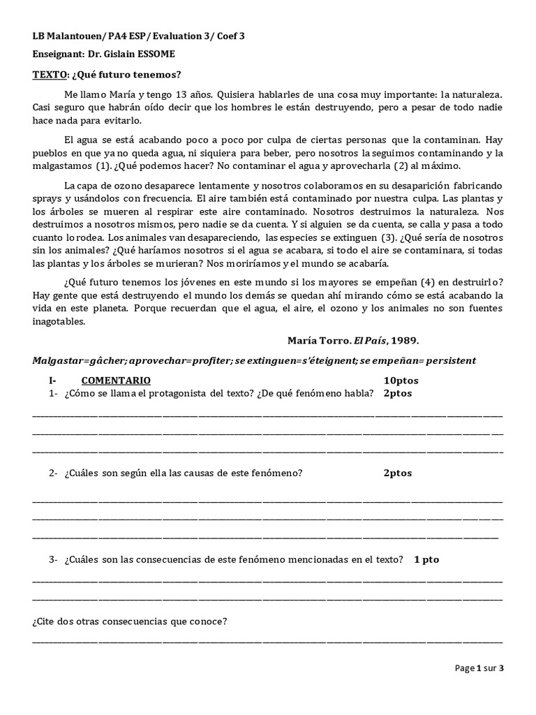 Espagnol épreuve 3ème Seq Pa4 Pdf Agua Atmósfera De Tierra