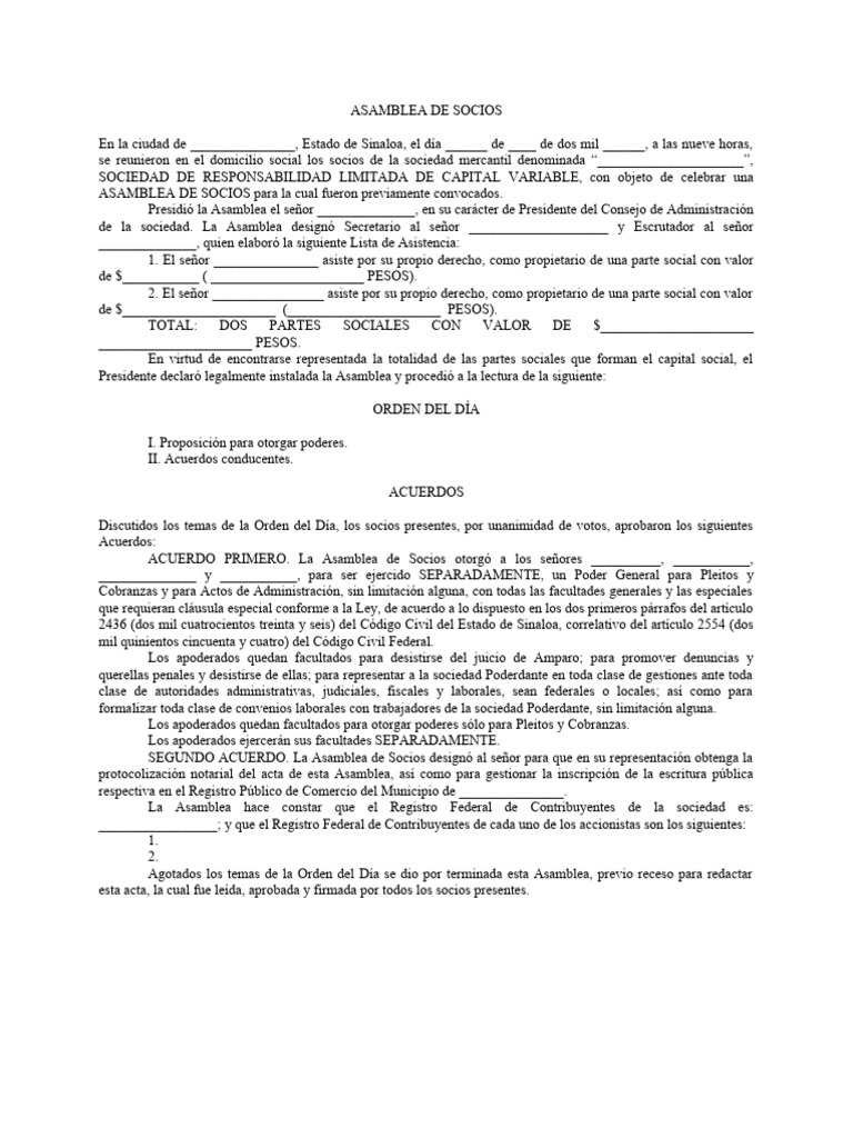 ACTA DE ASAMBLEA DE SOCIOS QUE OTORGA PODER GENERAL CON LIMITACIONES ...