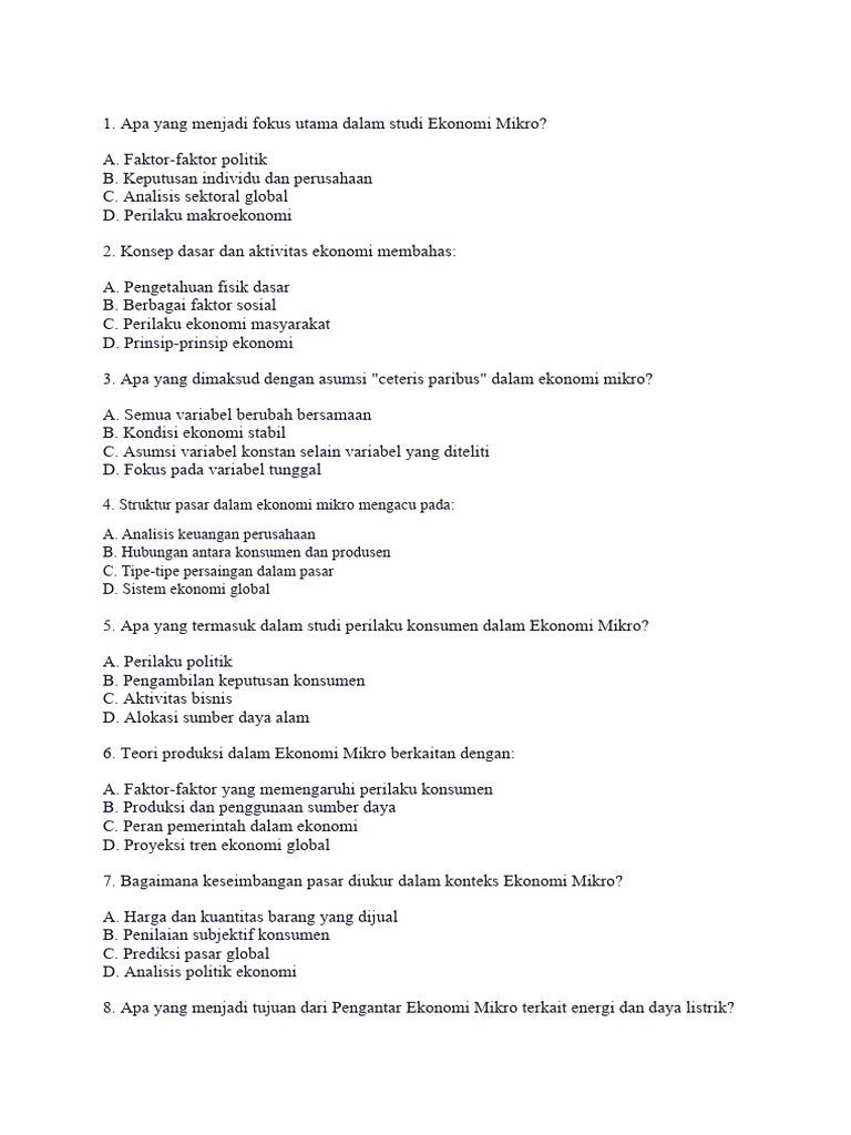 Kisi-Kisi Soal UAS UT Pengantar Ekonomi Mikro | PDF | Pengelolaan Keuangan & Uang