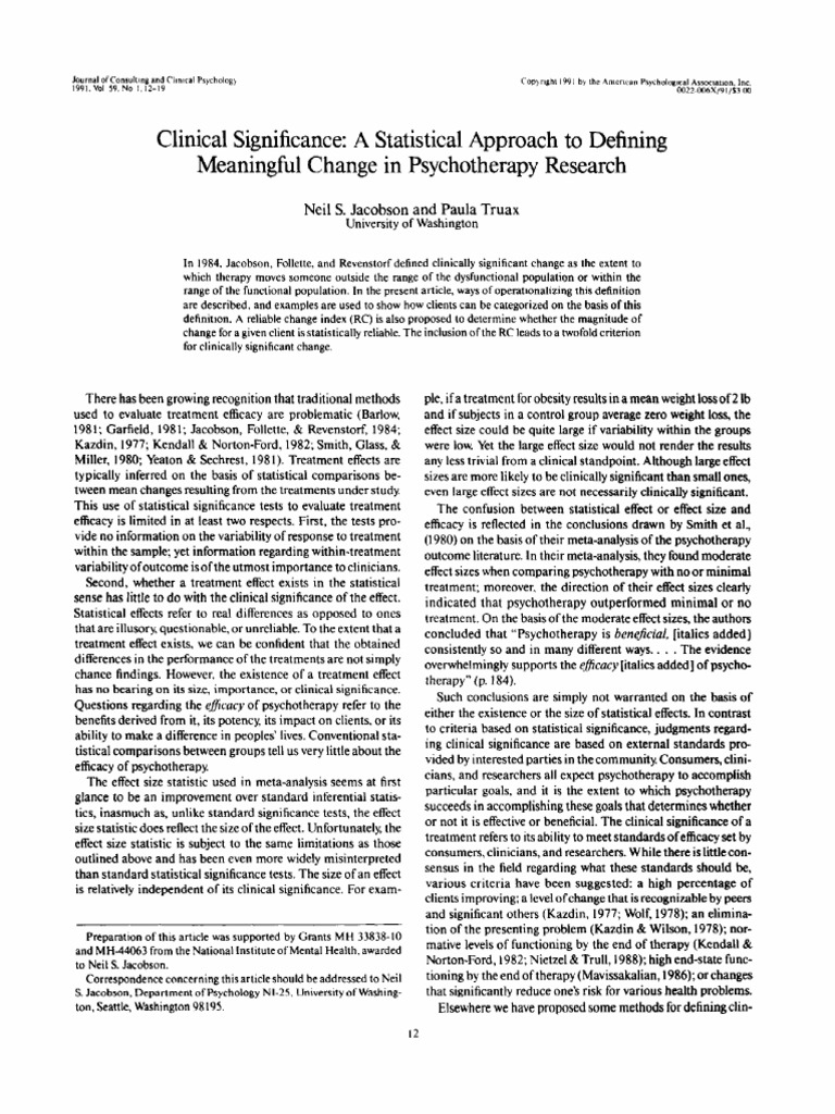 Jacobson NS, Truax P. Clinical Significance A Statistical Approach To ...