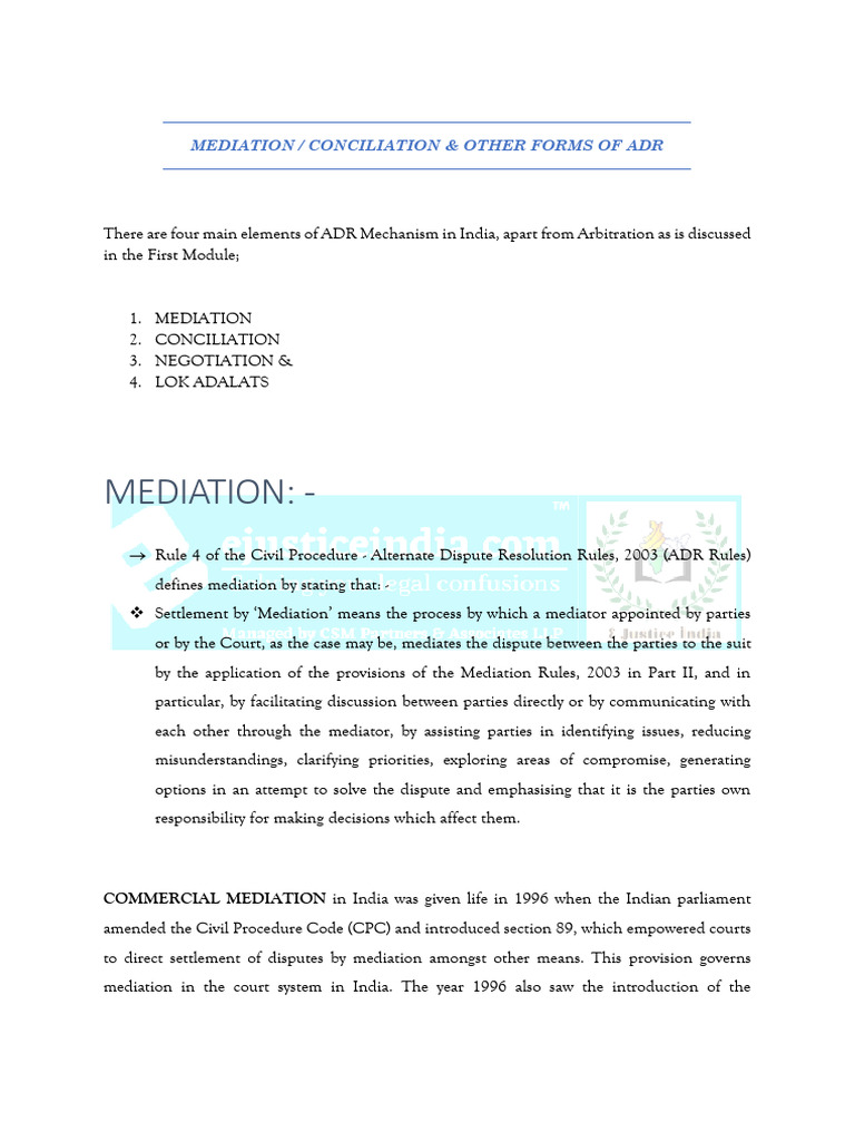 ADR Mechanisms: Mediation in India | PDF | Mediation | Alternative Dispute Resolution
