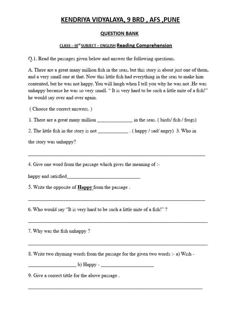 CLASS III Question Bank Term - II English | PDF | Duck | Tiger