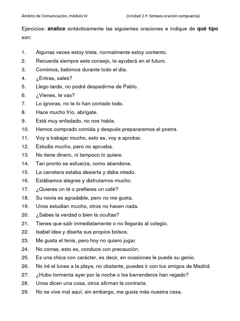 Ejercicios, Oraciones Compuestas - Coord Yuxt | PDF