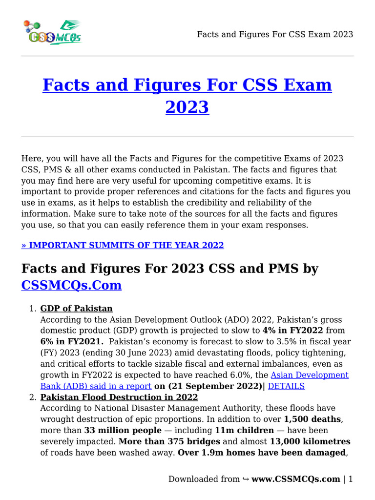 Facts and Figures For CSS Exam 2023 | PDF | Pakistan | Water Scarcity Facts and Figures For CSS Exam 2023 | PDF | Pakistan | Water Scarcity