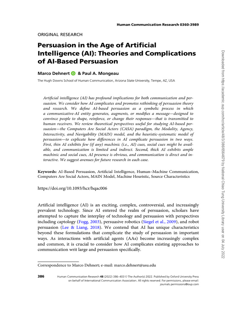 Dehnert Mongeau - 2022 - Persuasion in The Age of AI | Download Free PDF | Artificial ...