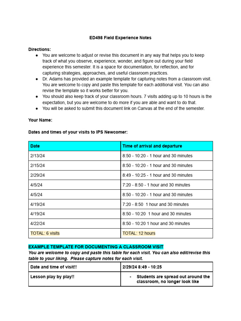 Ed498 Field Experience Notes Template | PDF | Vocabulary | Force