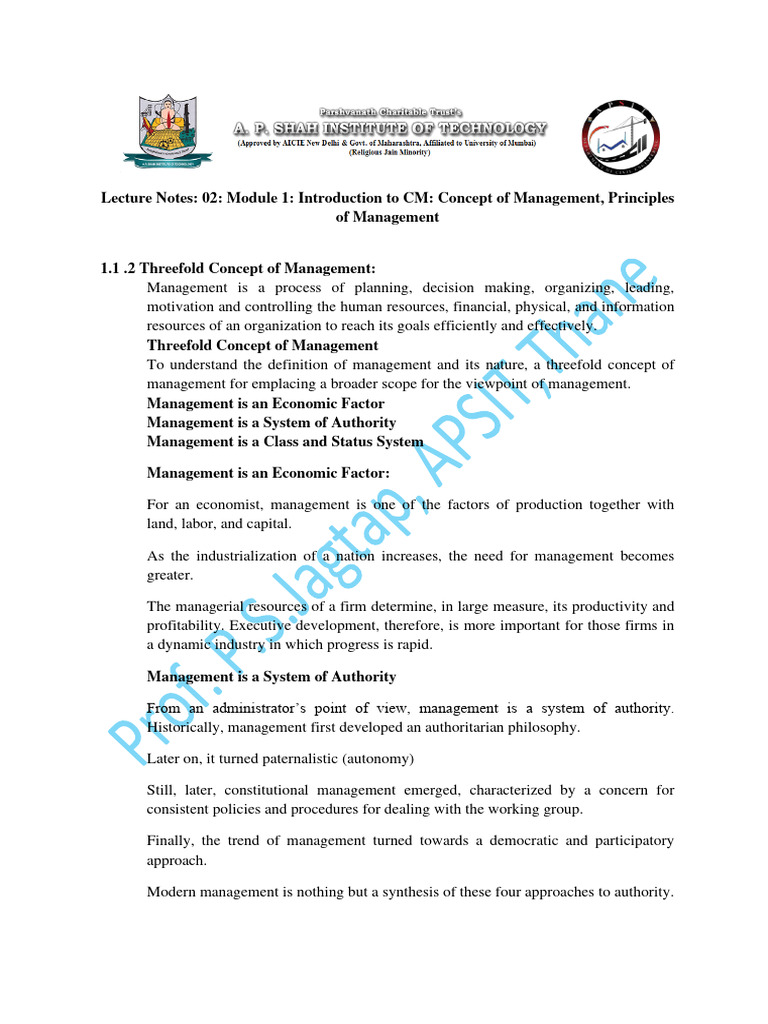 Lecture Notes 02 Module 1 Introduction to CM Concept of Mangement ...