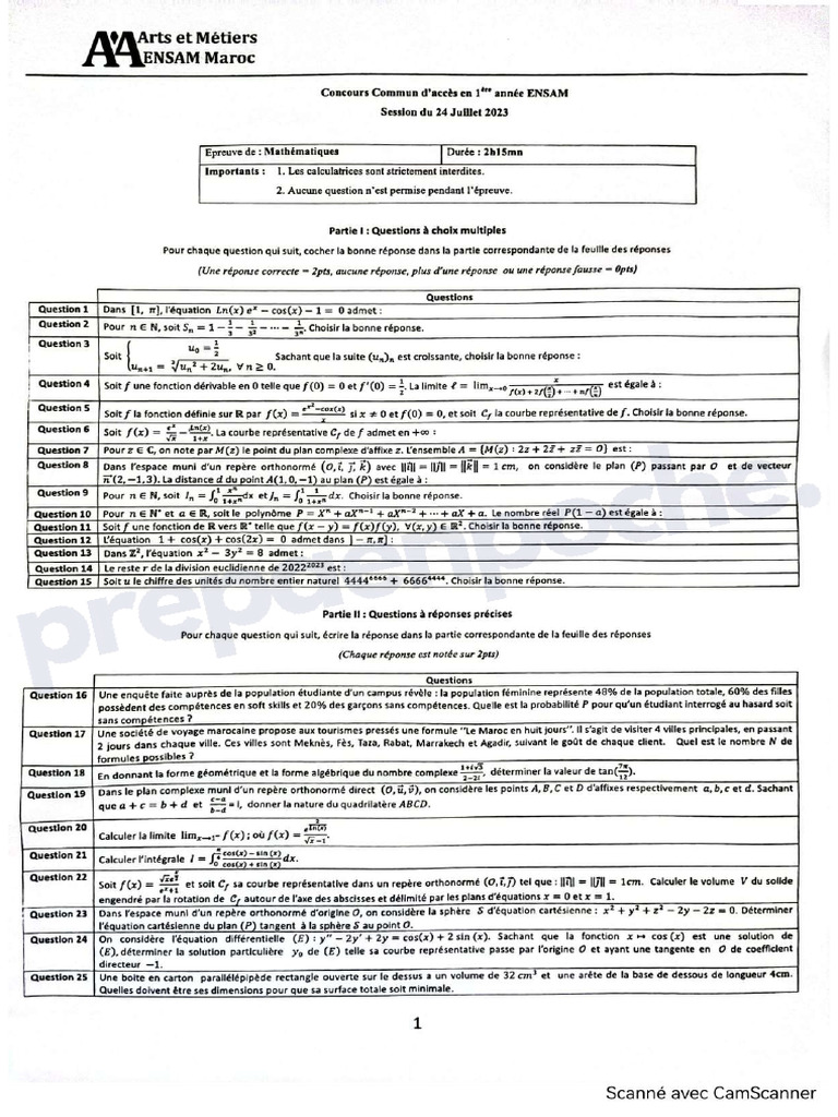 Exemple-concours-ENSAM-2023-Maths | PDF
