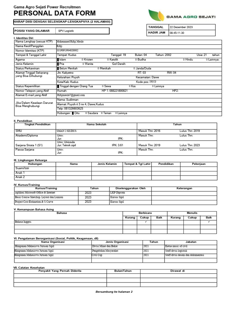 Personal Data Form PT Gama Agro Sejati | PDF