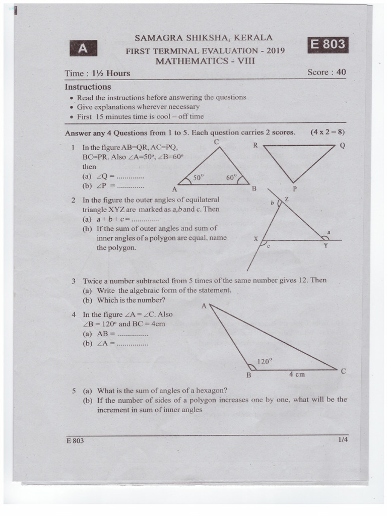 Kerala Class 8 First Term Onam Exam Question Paper 2019 - Maths (EM) | PDF