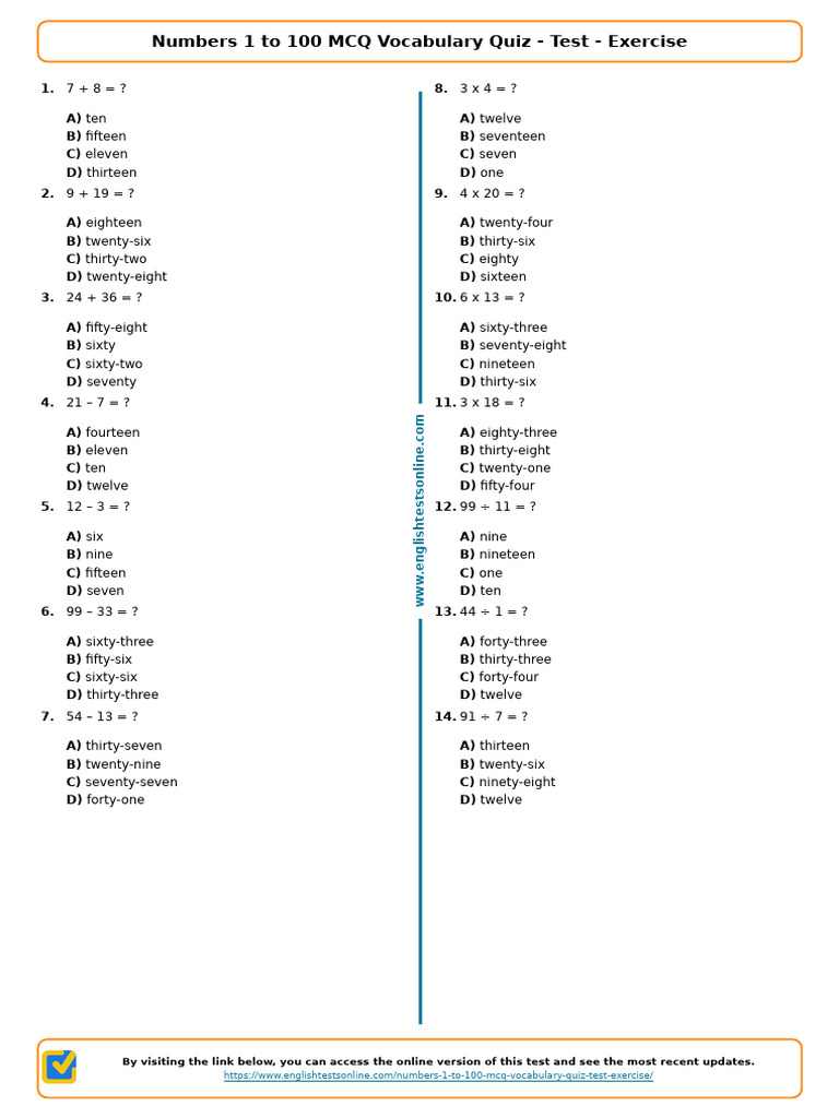 Math MCQ Quiz: Numbers 1-100 | PDF
