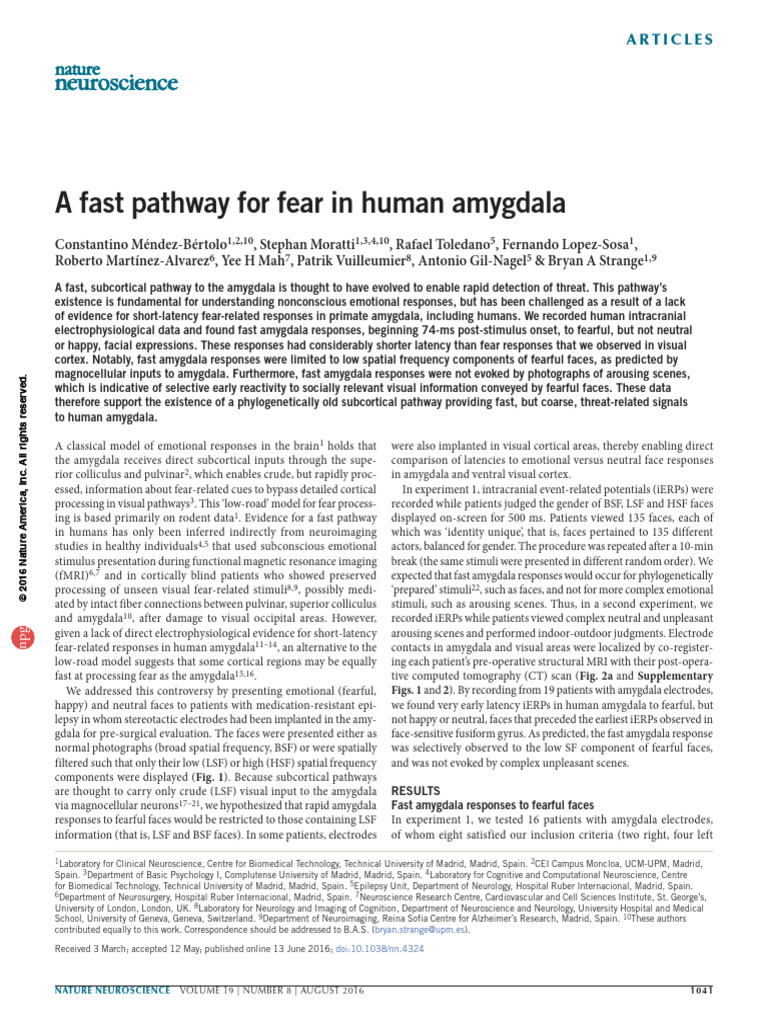 Mendez Bertolo Et Al 2016 A Fast Pathway For Fear in Human Amygdala ...