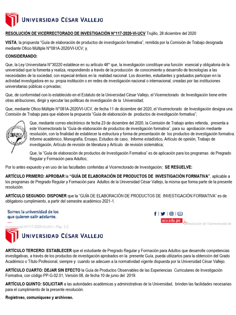RVI N°117-2020-VI-UCV Aprueba Guía de Elaboración Productos de IF | PDF ...