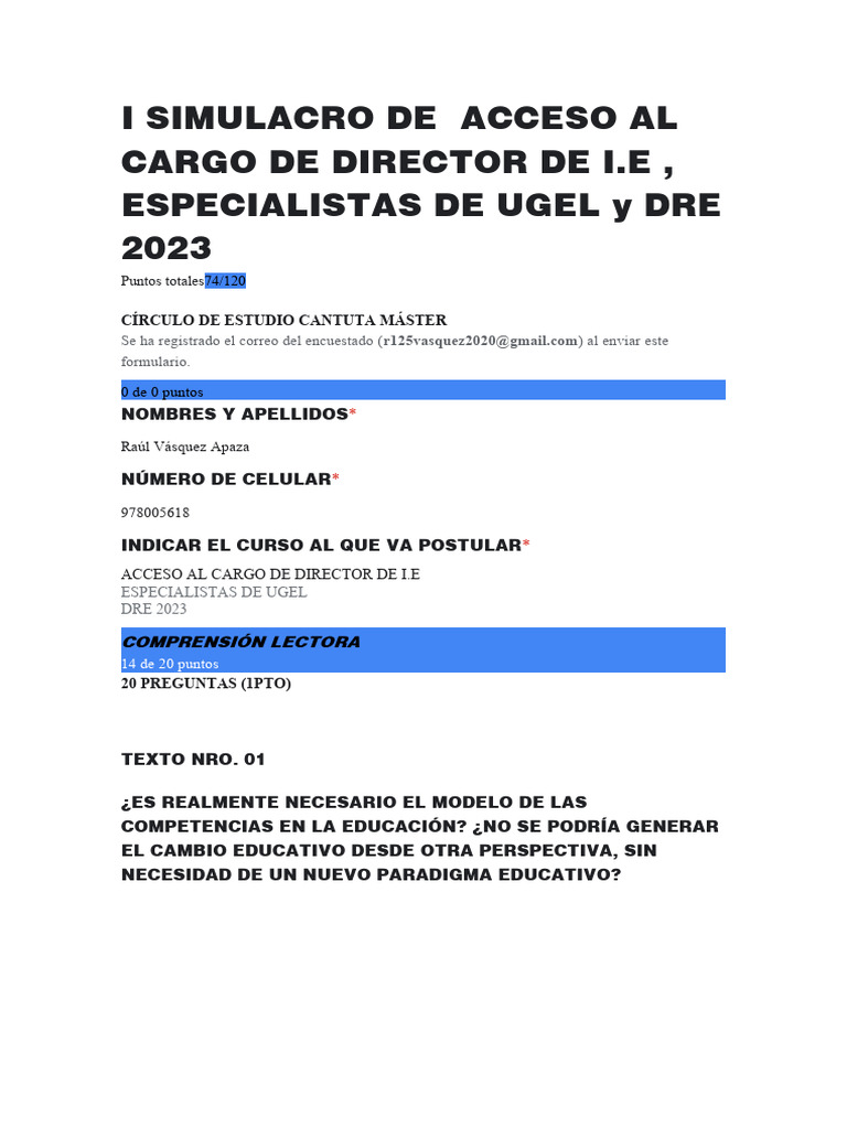 I Simulacro de Acceso A Cargo Directivo 2023 | PDF | Maestros | Enseñando