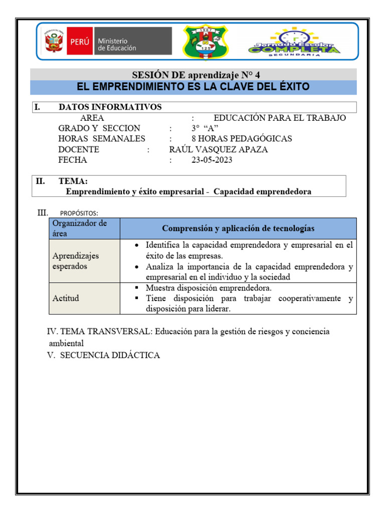 SESION 4 EMPRENDIMIENTO 3A RVA 125 | PDF | Iniciativa empresarial ...