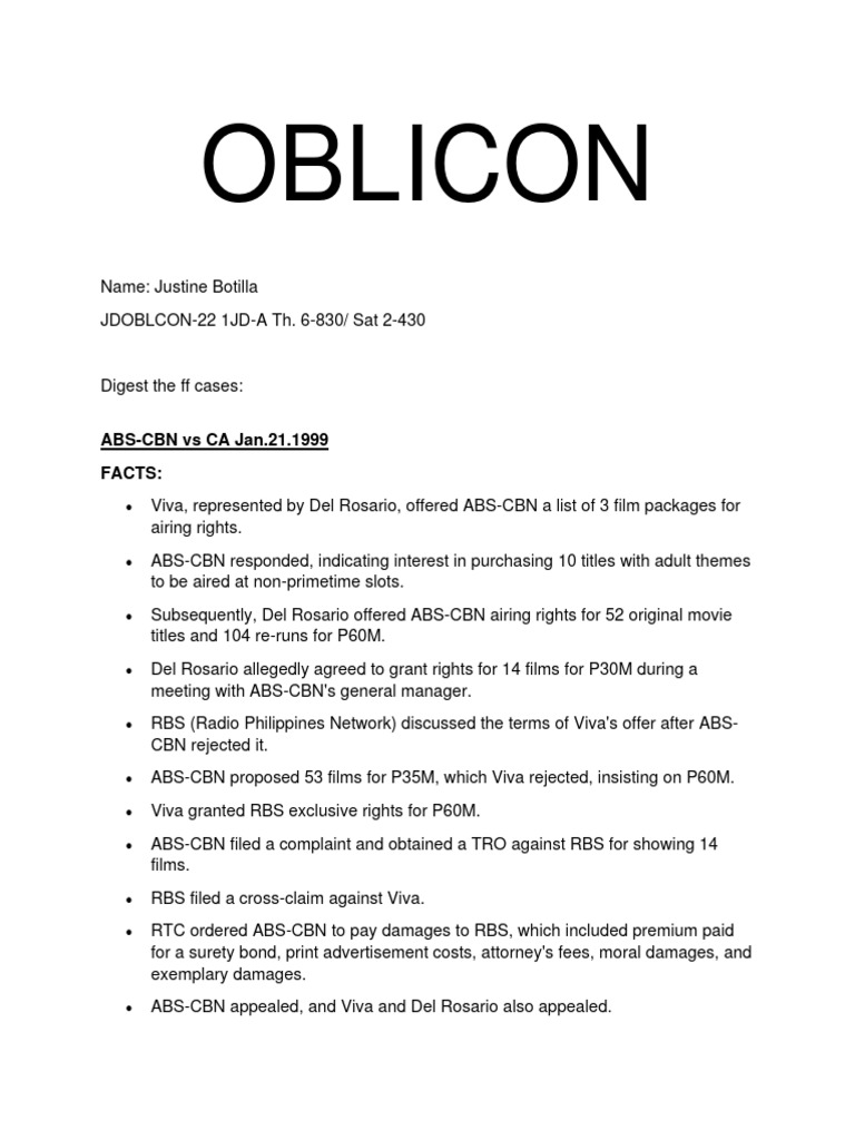 OBLICON Case Digest Assignment | PDF | Damages | Offer And Acceptance