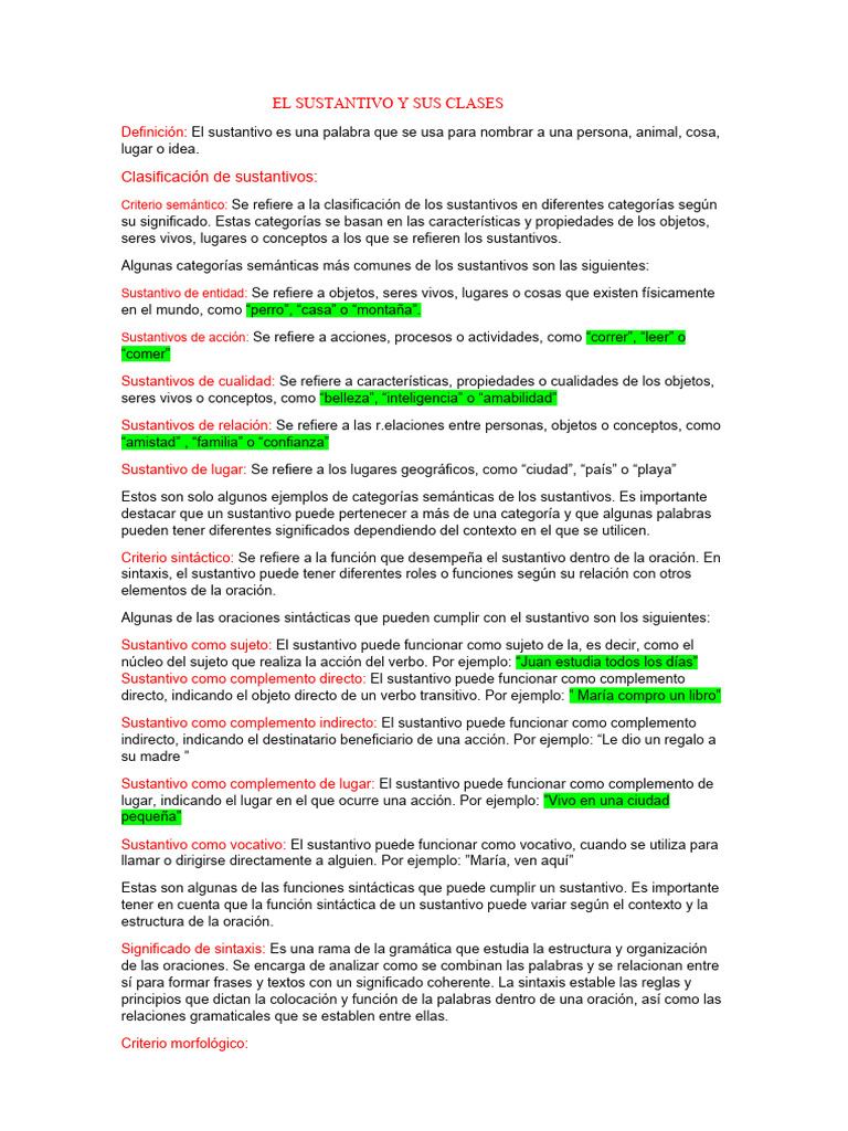 El Sustantivo y Sus Clases | PDF | Sustantivo | Sintaxis
