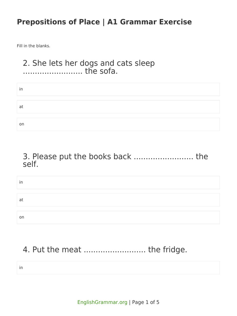 Prepositions of Place - A1 Grammar Exercise | PDF | Language Arts ...
