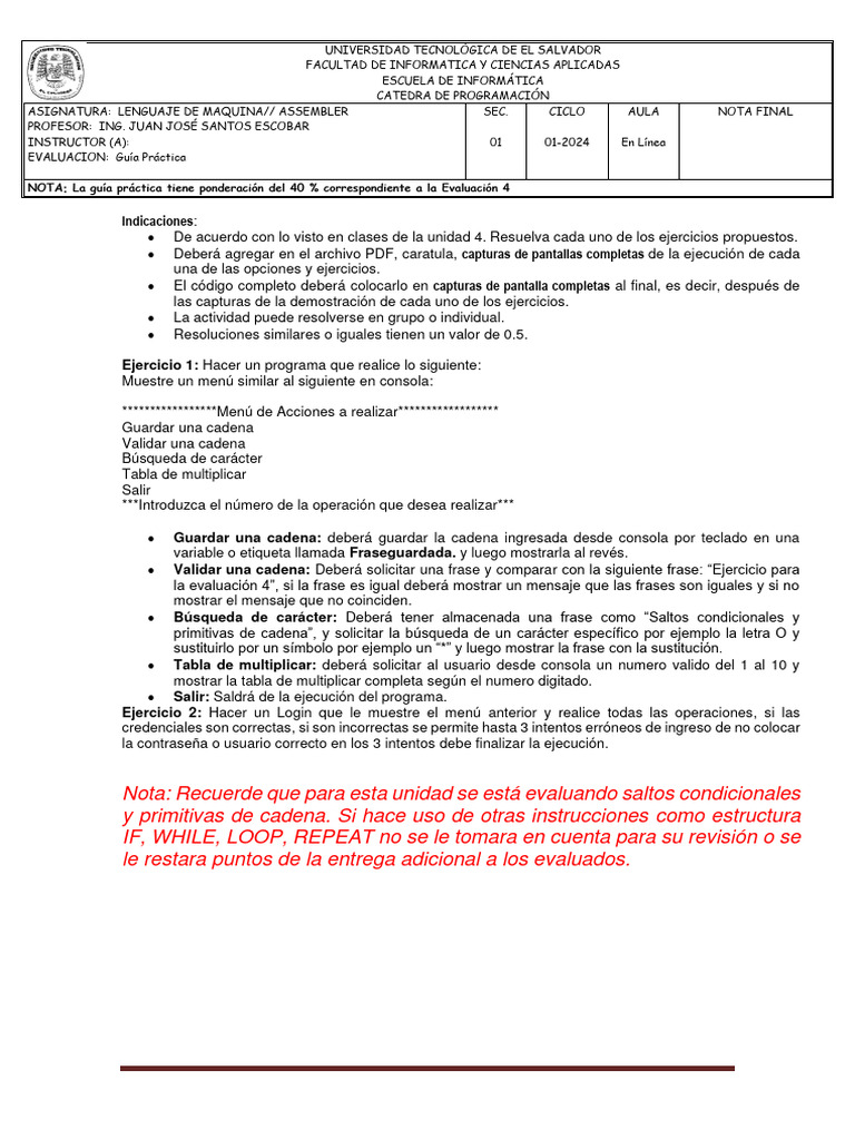 U4 - G1 Assembler (Practica) | PDF | Lenguaje ensamblador | Ingeniería de software