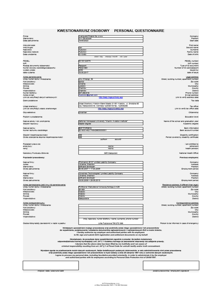 Poland Documents For Employee To Complete | PDF