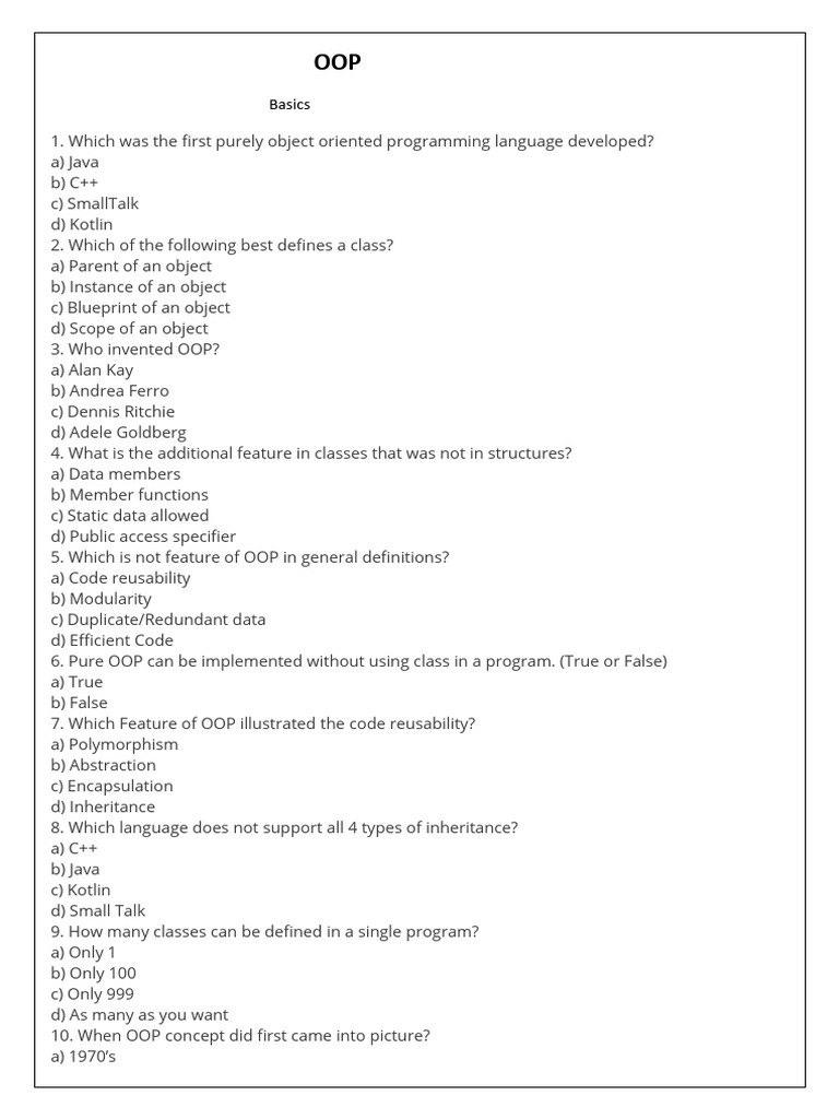 Oops Mcqs | PDF | Class (Computer Programming) | Programming Oops Mcqs | PDF | Class (Computer Programming) | Programming