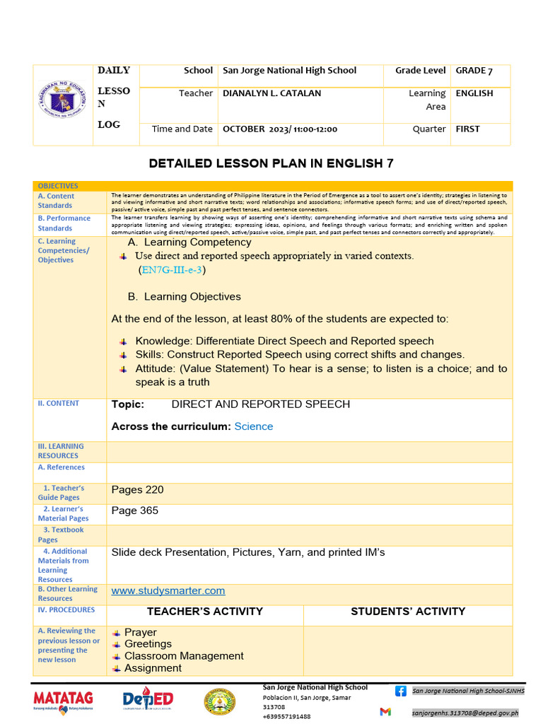 Detailed Lesson Plan in English 7: Daily Lesso N LOG School San Jorge ...
