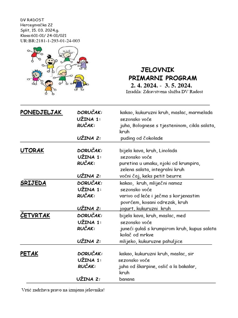 Jelovnik Travanj 2024 | PDF