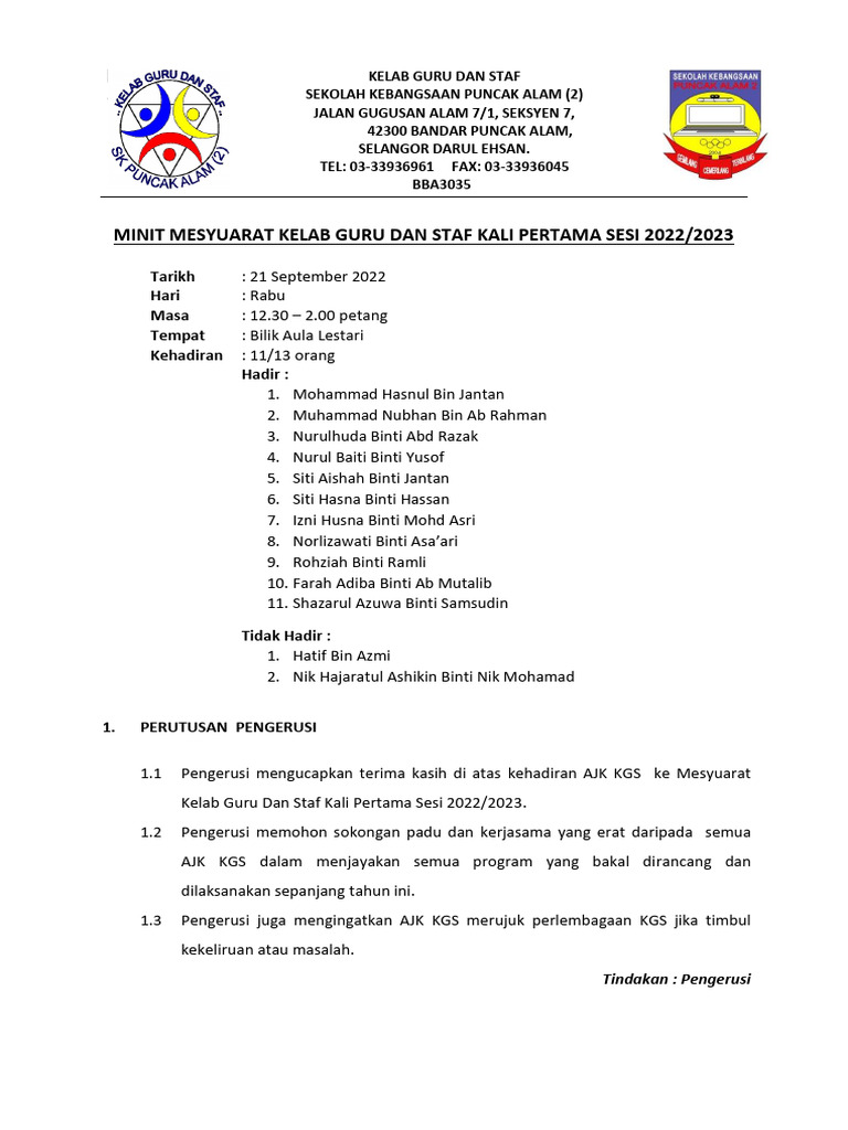 Minit Mesyuarat KGS Kali 1 | PDF