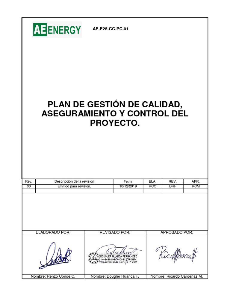 3.1 Ae-E25-Cc-Pc-01 (Plan de Gestion de Calidad, Aseguramiento y Control de Proyecto.) | PDF ...