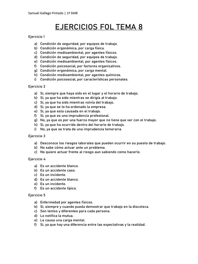 Ejercicios Fol Tema 8 | PDF | Las condiciones de trabajo | Seguridad y salud ocupacional
