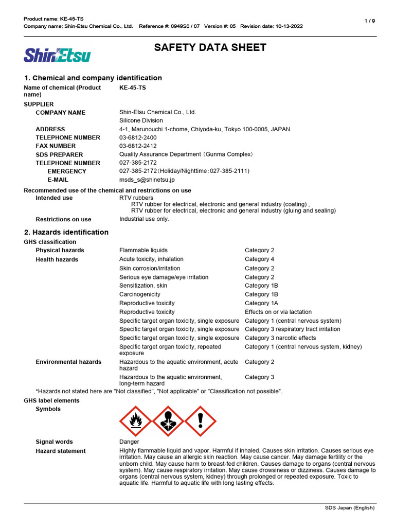 Ke-45-Ts Sds JPN Eng | PDF | Toxicity | Safety